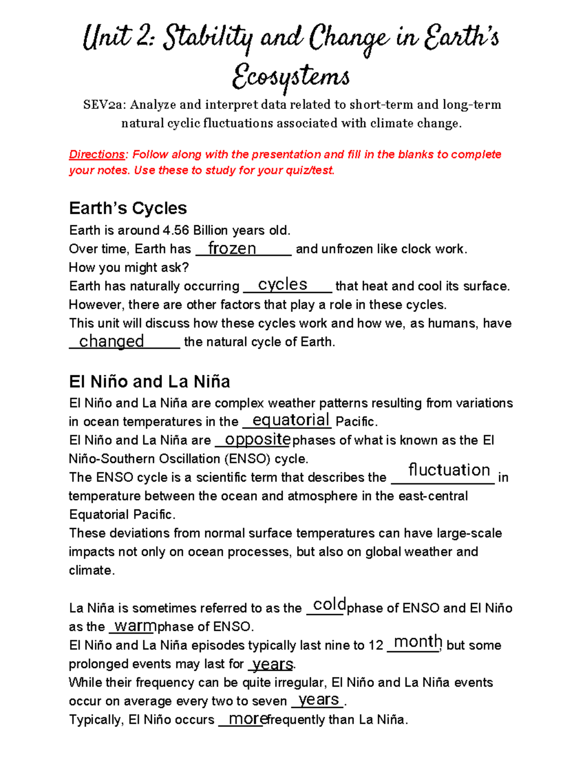 Notes Sev2 - Unit 2: Stability and Change in Earth’s Ecosystems SEV2a ...