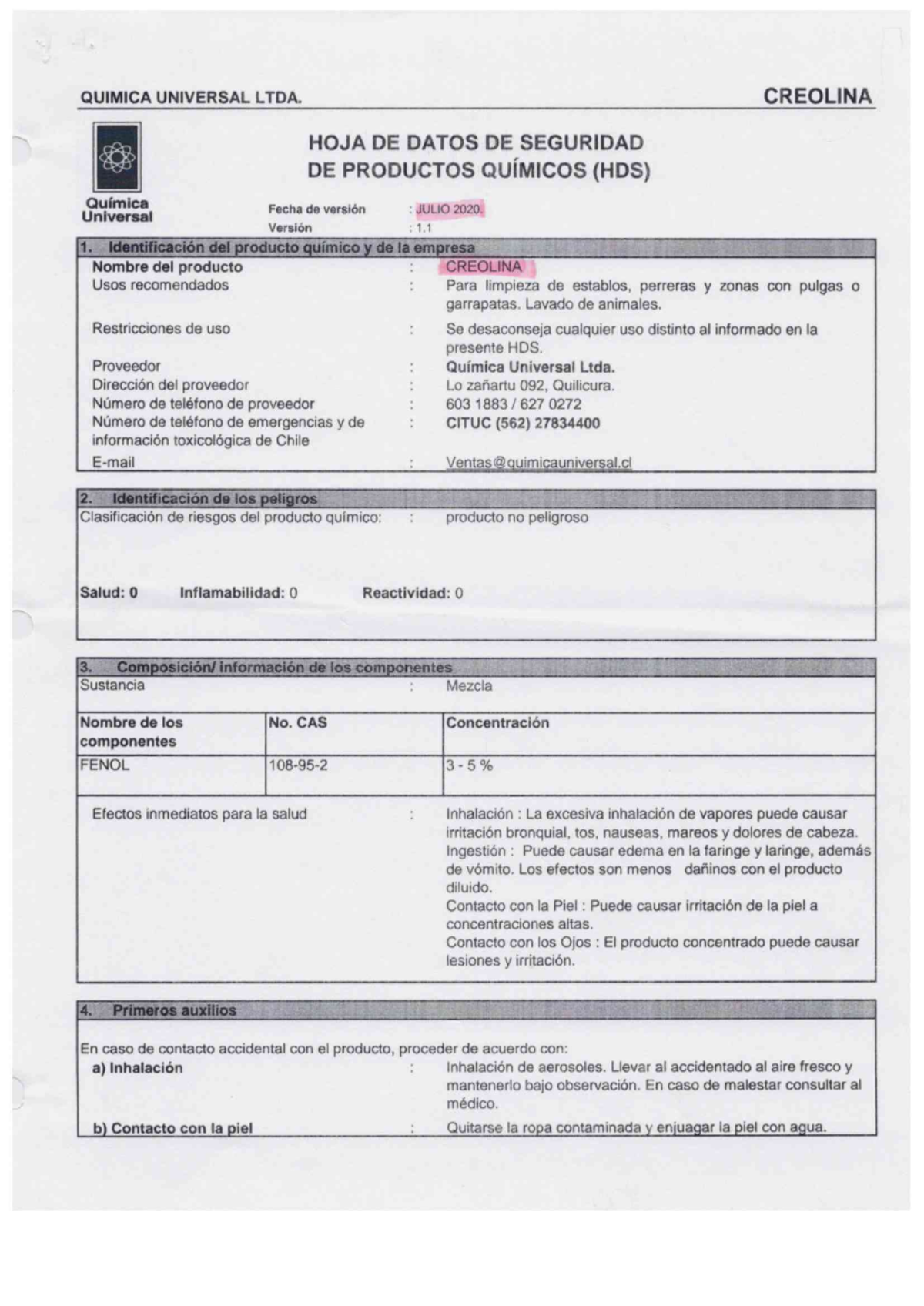 Cleolina-ok - hoja de seguridad - QUIMICA UNIVERSAL LTDA. CREOLINA HOJA ...