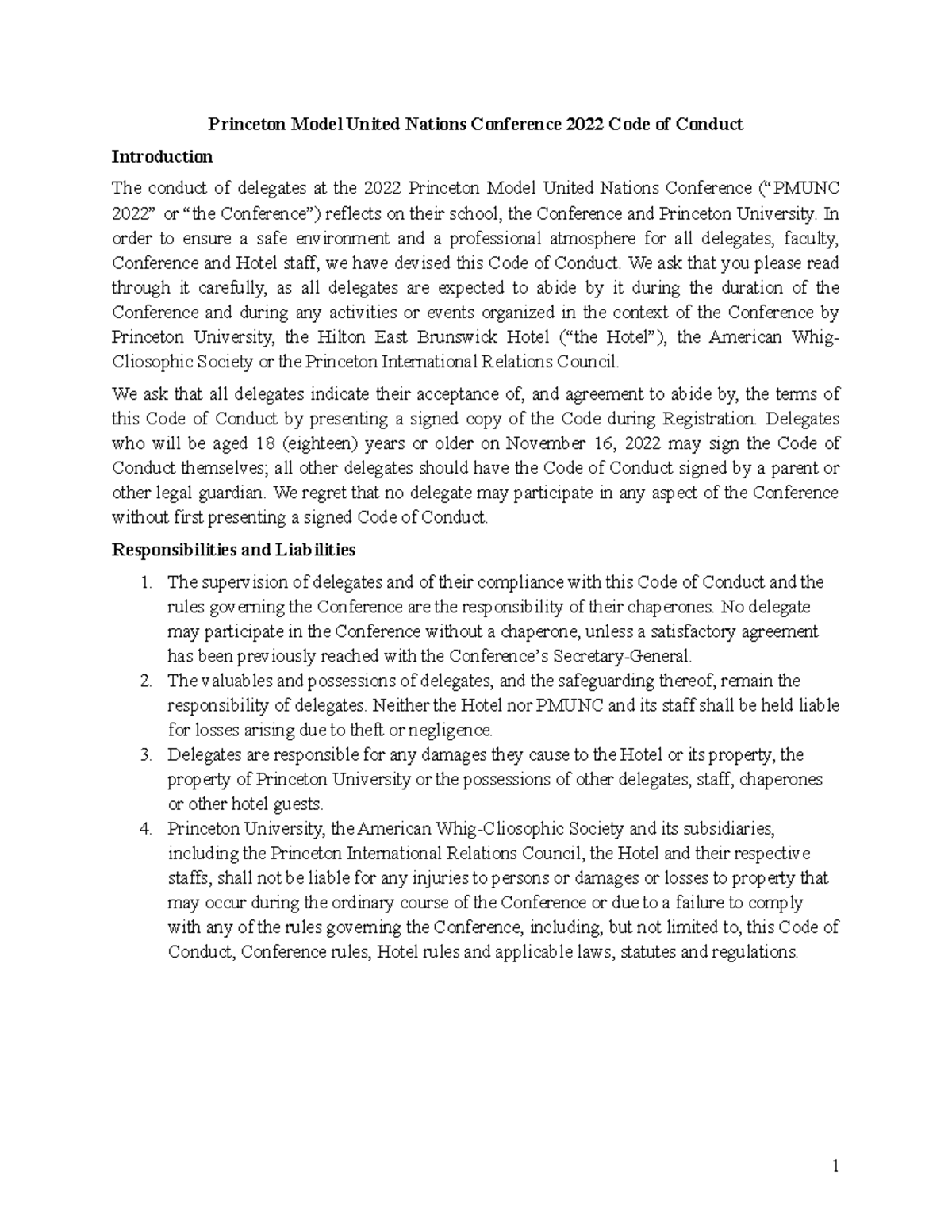 Pmunc Code of Conduct 2022 - Princeton Model United Nations Conference ...