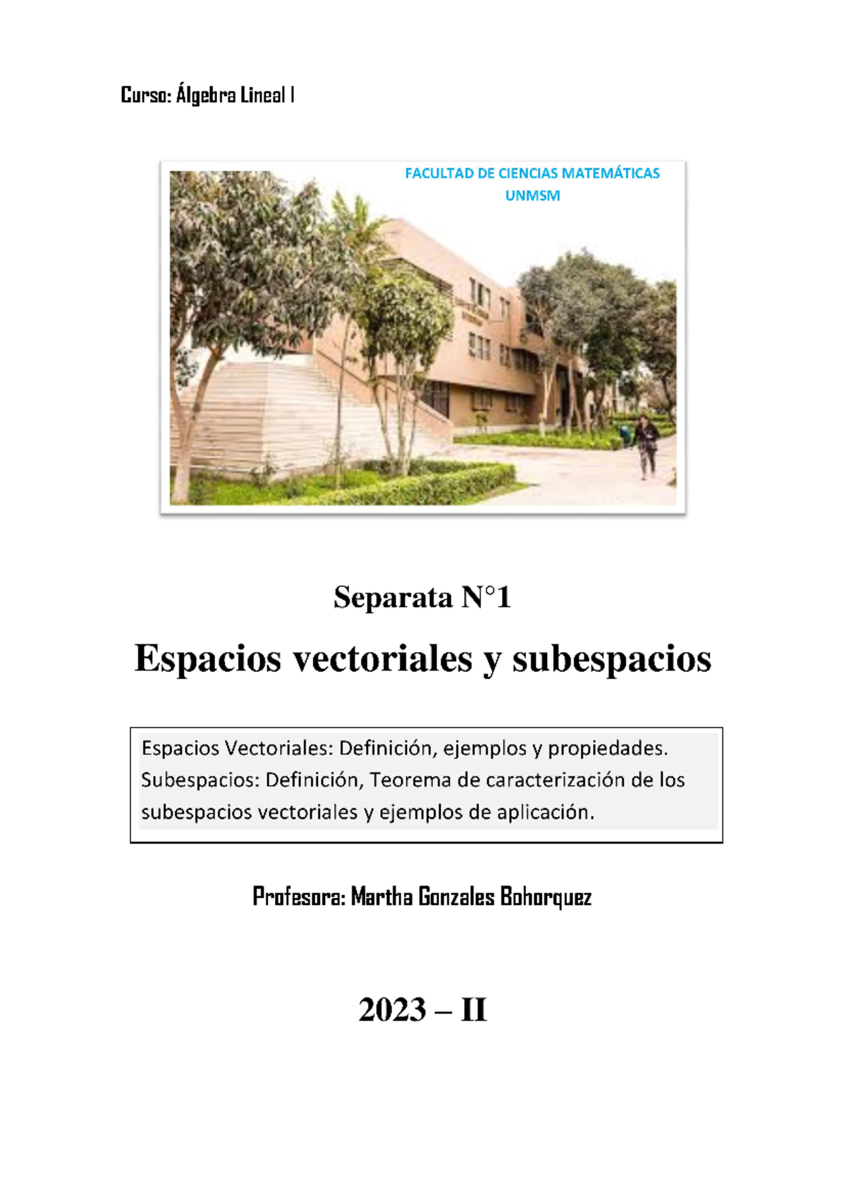 Separata N 1 Espacios vectoriales y Sub espacios - Algebra Lineal - Studocu