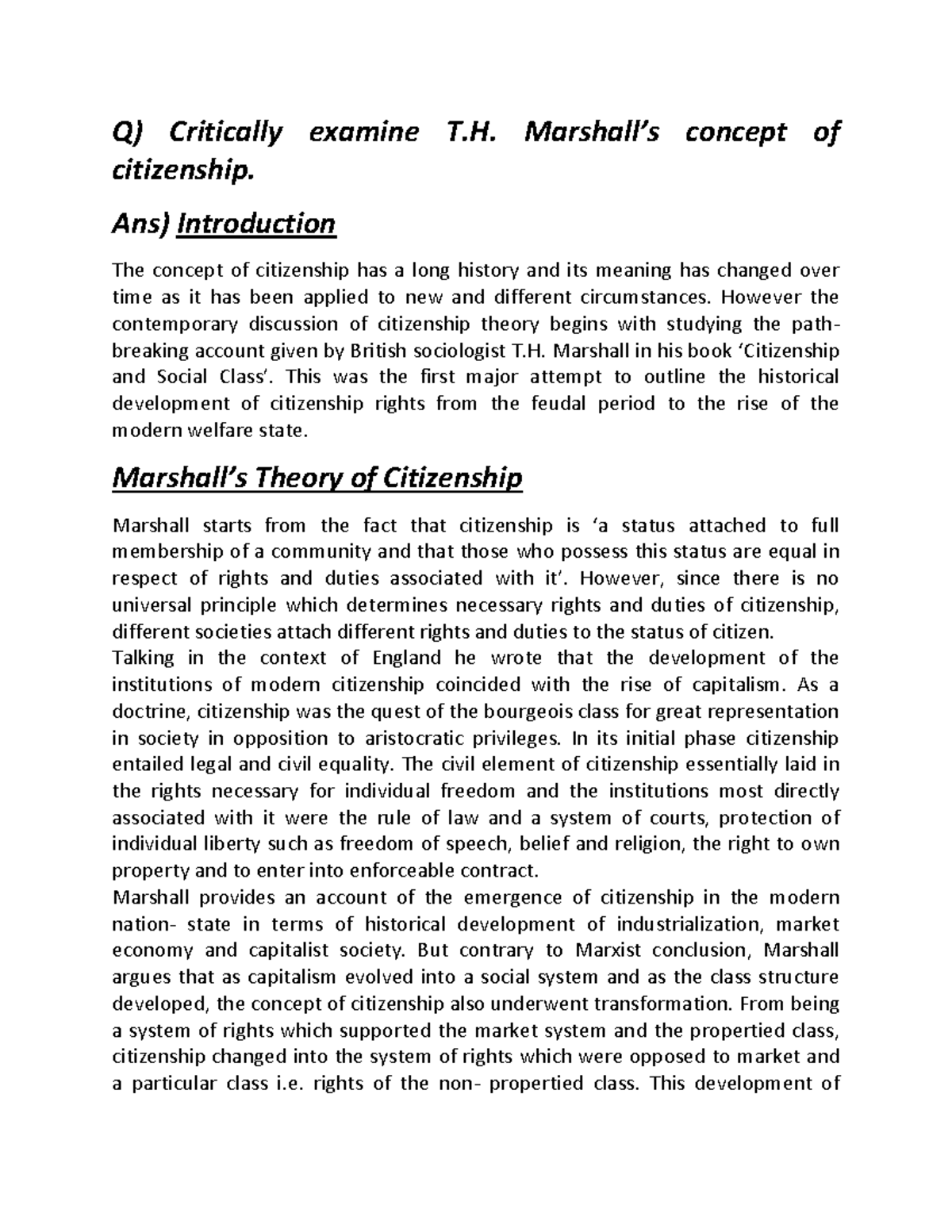 T H Marshalls Theory of Citizenship pdf - Q) Critically examine T ...