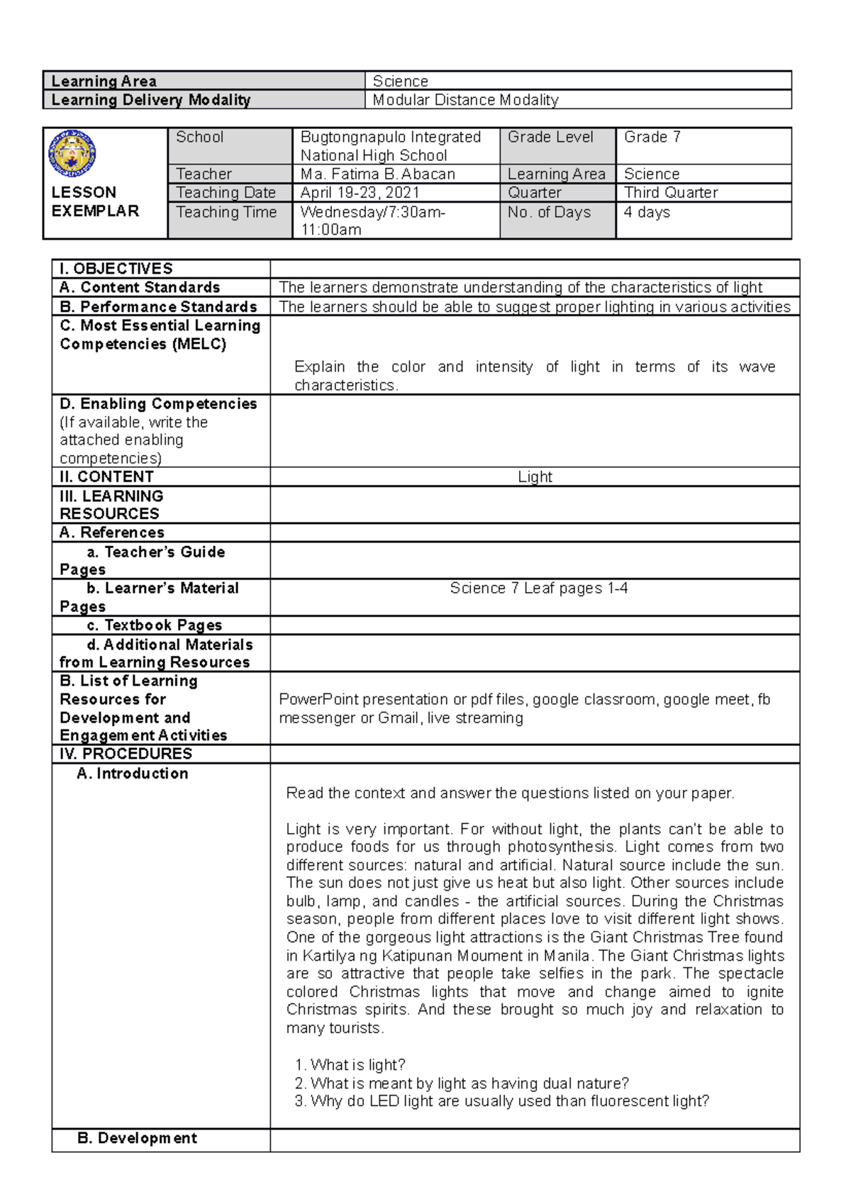 Science le thirdquarter light - Learning Area Science Learning Delivery ...
