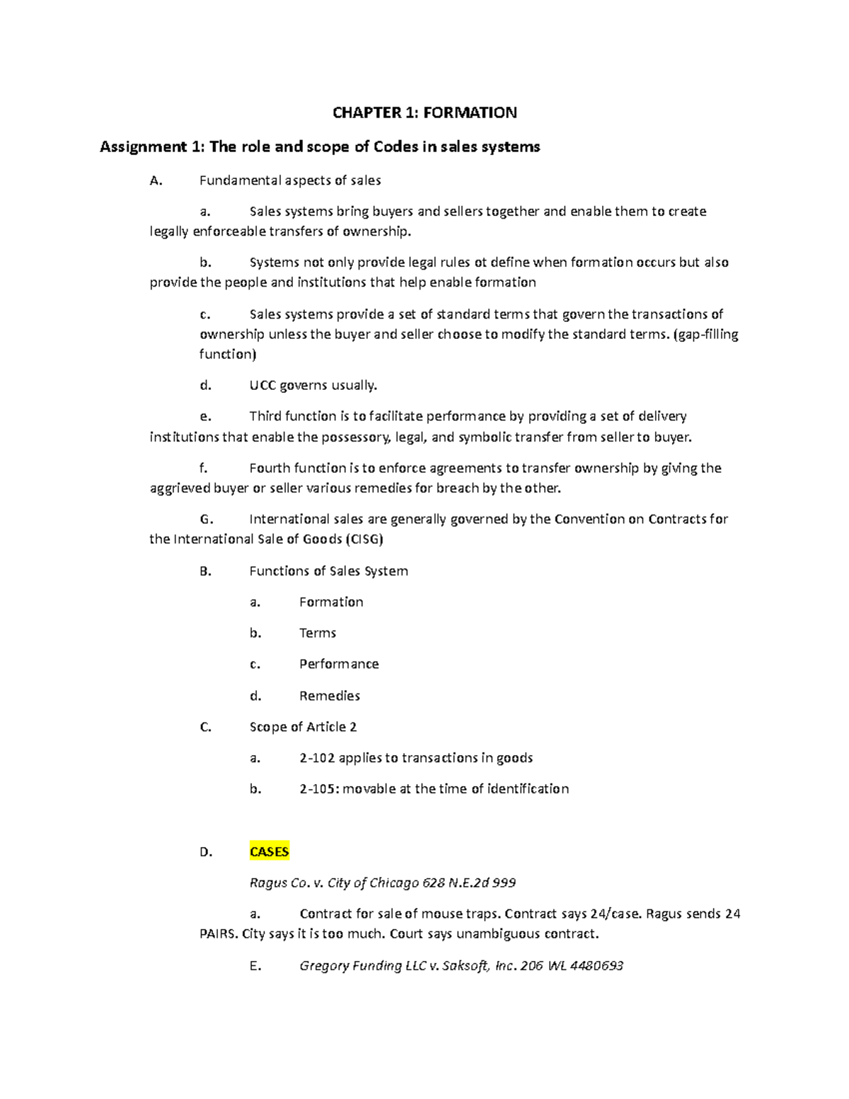 Sales - CHAPTER 1: FORMATION Assignment 1: The role and scope of Codes ...