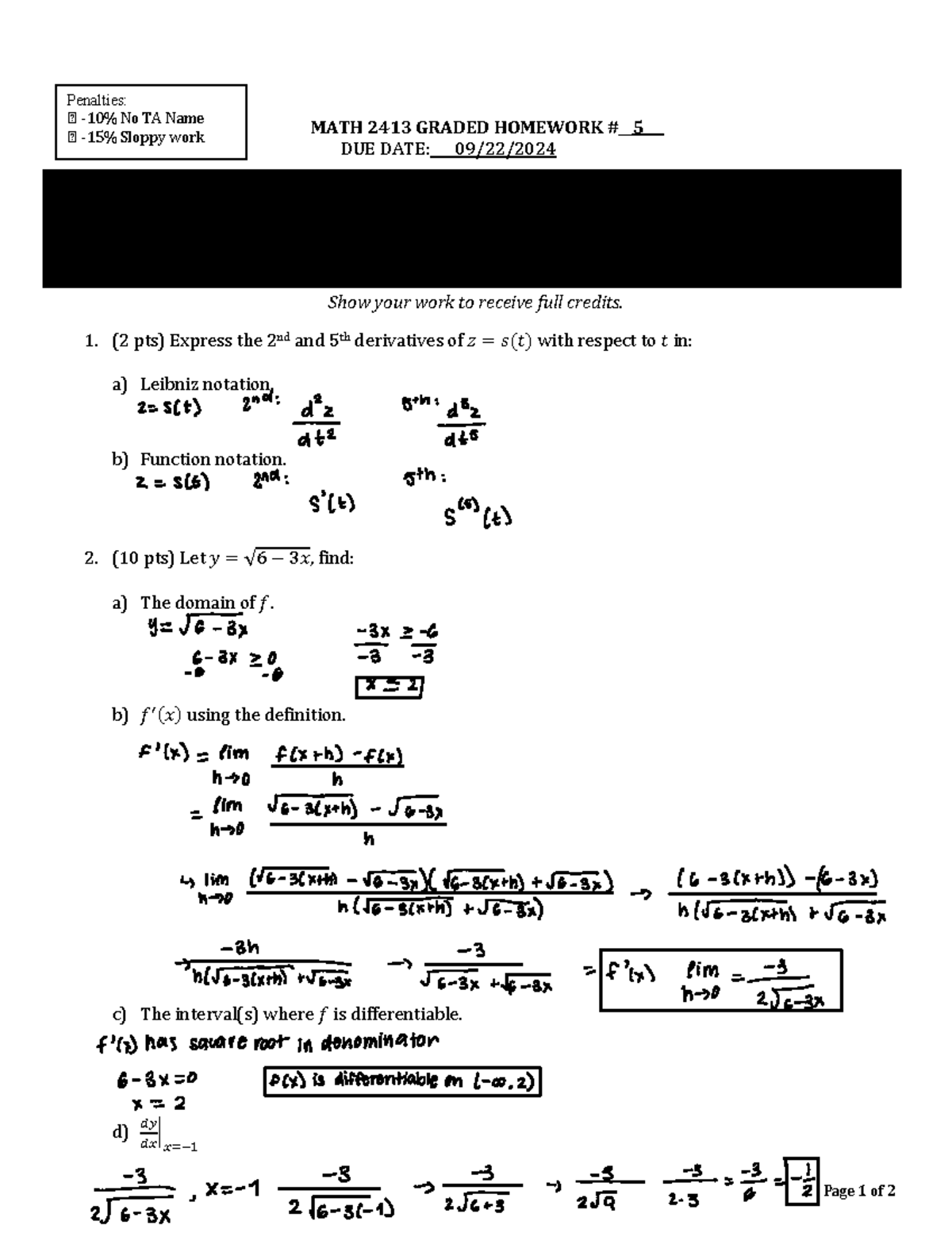 GHW 5 - GHW 5 - Page 1 of 2 MATH 2413 GRADED HOMEWORK #__ 5 ___ DUE DATE: 09 / 22 /202 4 PROBLEM ...