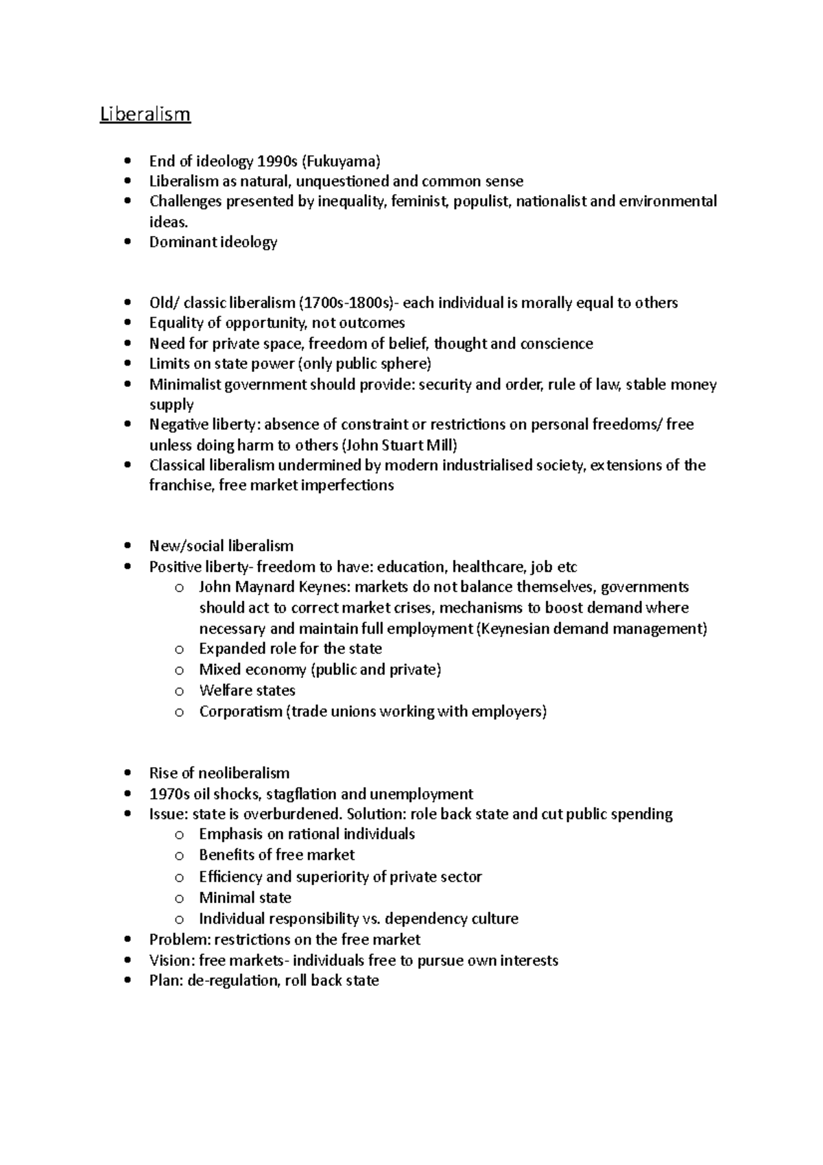 Liberalism - Overview of key points from the lecture - Liberalism End ...