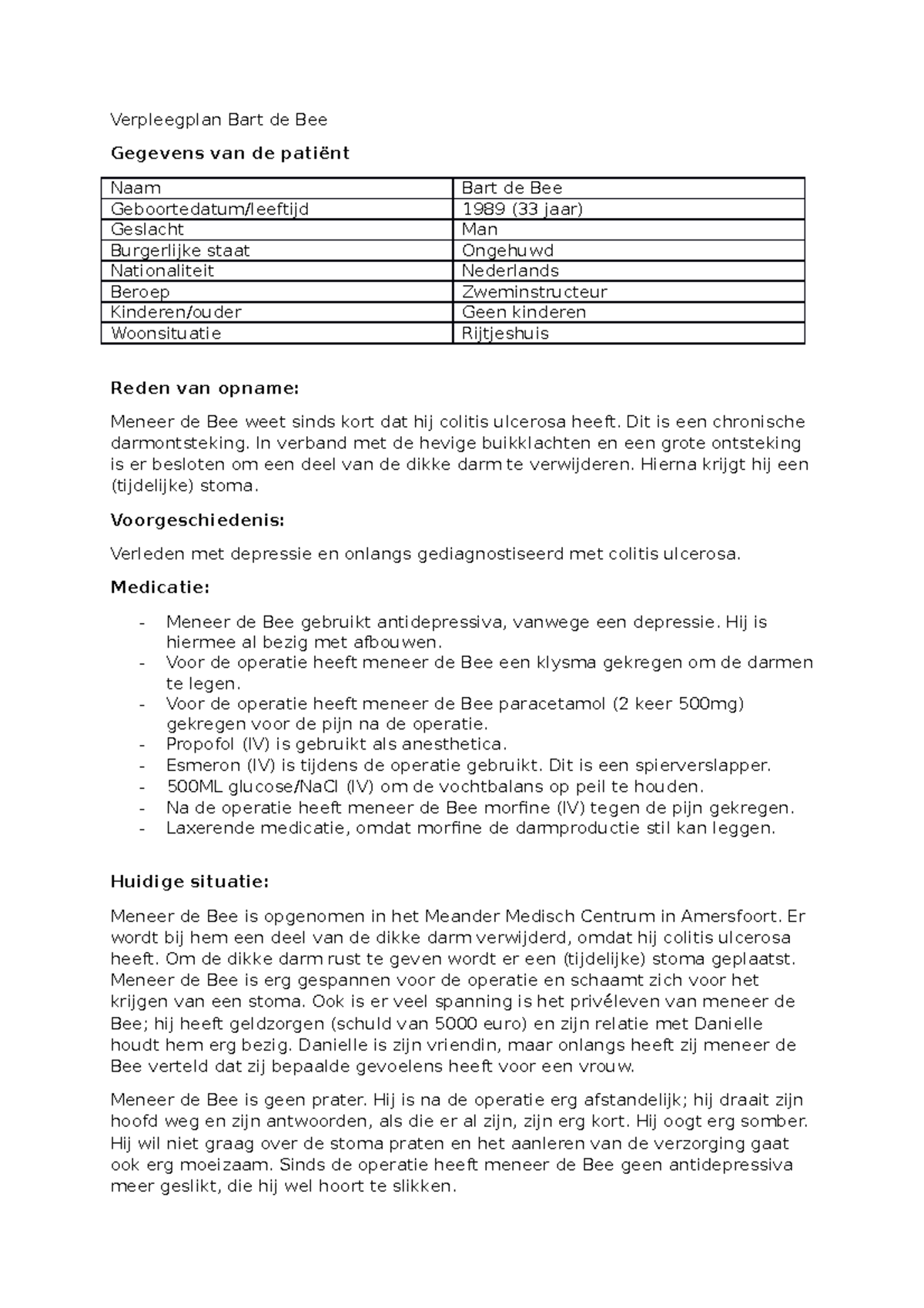 Verpleegplan Bart de Bee - Verpleegplan Bart de Bee Gegevens van de ...