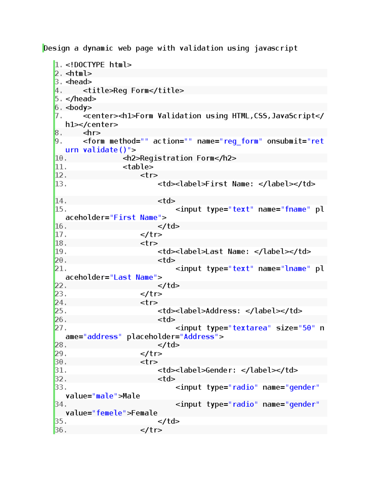 Design a dynamic web page with validation using javascript - 2. - Studocu