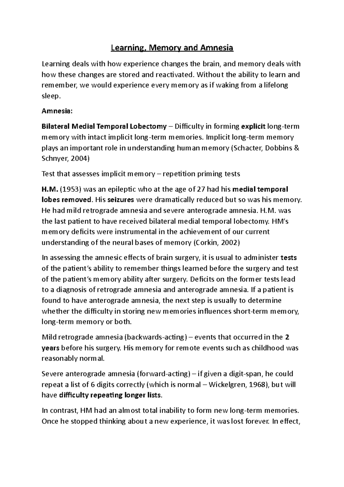 Learning, Memory and Amnesia - Learning, Memory and Amnesia Learning ...