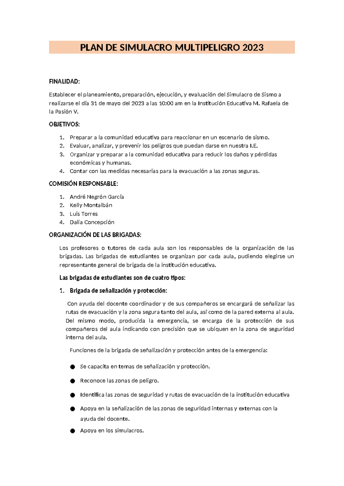 PLAN DE Simulacro Multipeligro 2023 - PLAN DE SIMULACRO MULTIPELIGRO 2023 FINALIDAD: Establecer ...