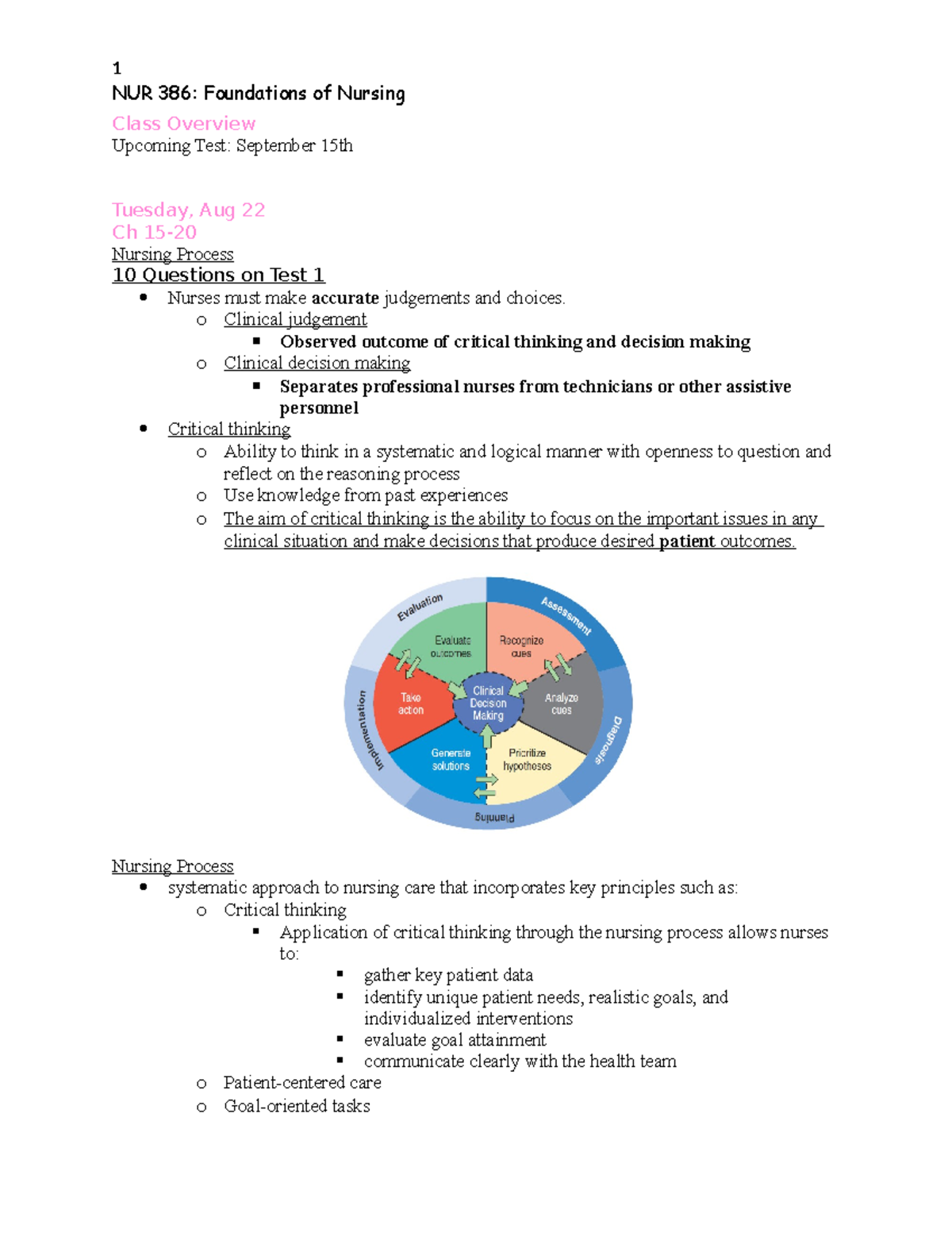 NUR 386 Foundations - lecture notes - NUR 386: Foundations of Nursing ...