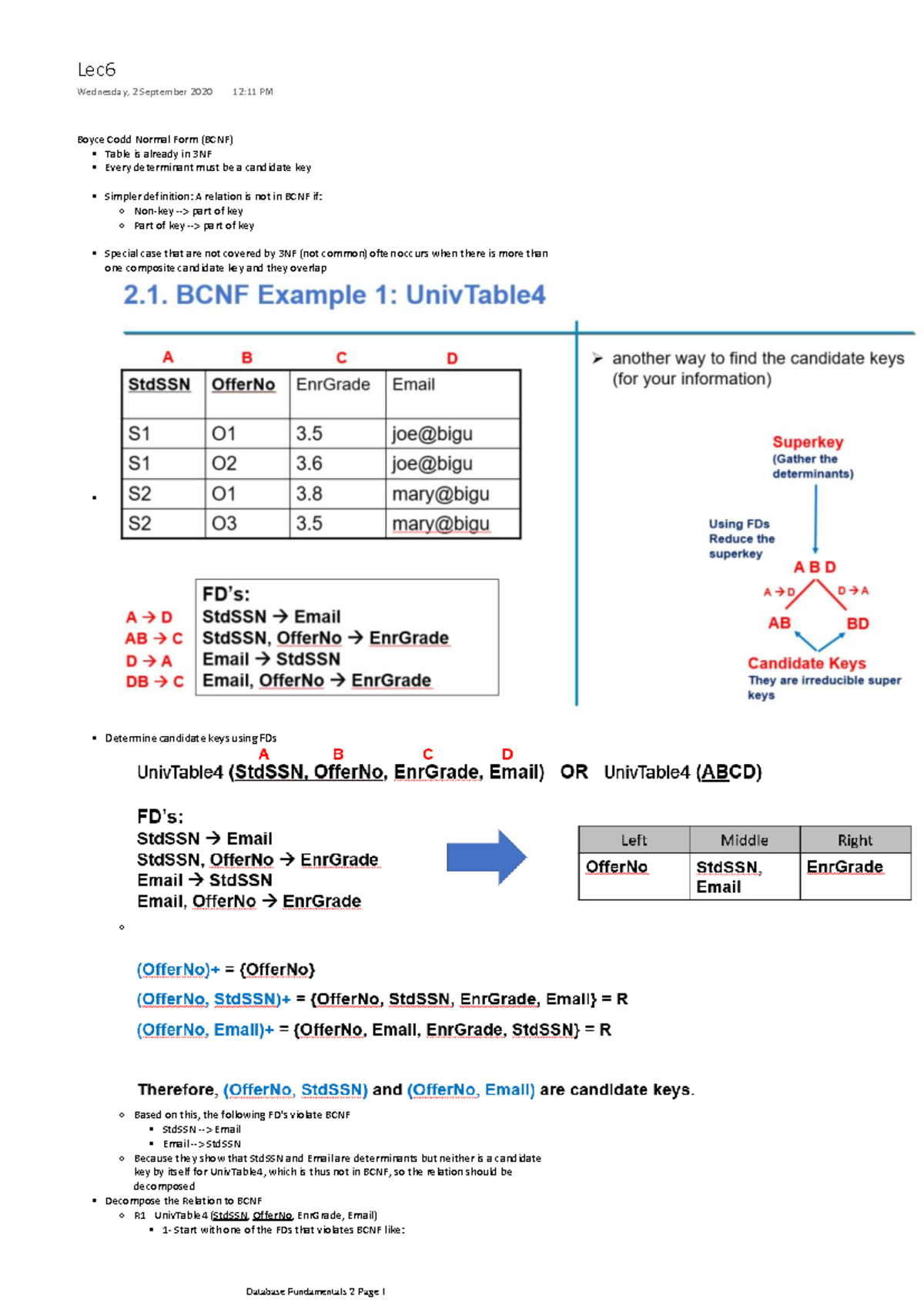 Database Fundamentals wk6-10 - Boyce Codd Normal Form (BCNF) - Table is ...