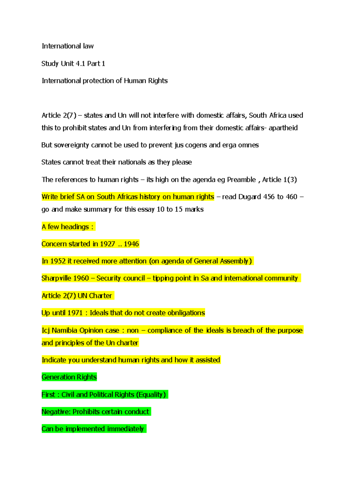 International law - these are notes from class, the high lighted parts ...