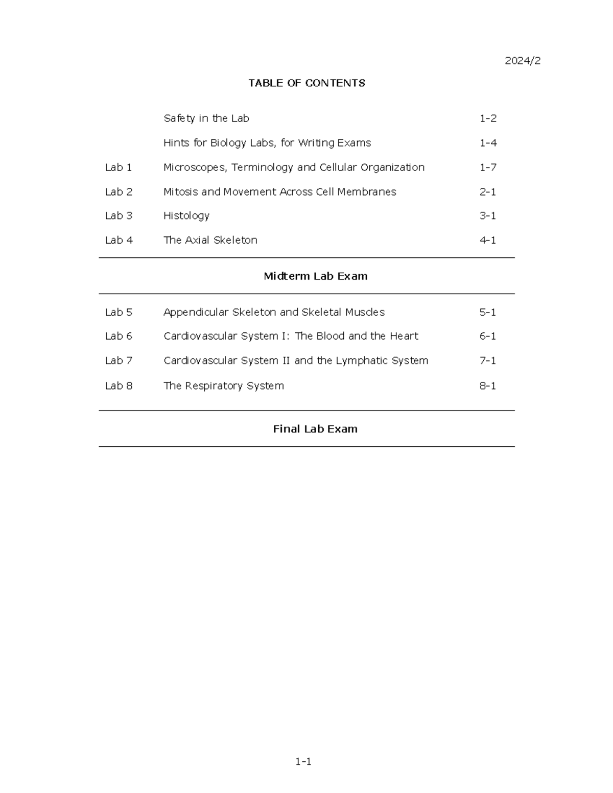 LAB 1 Microscope Terminology CELL 2024 2 - TABLE OF CONTENTS - 2024 ...