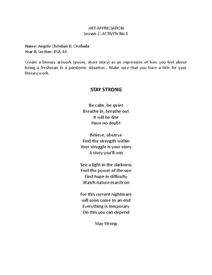 Art Appreciation Lesson 1 Activity 1 (with answers) - ART APPRECIATION ...