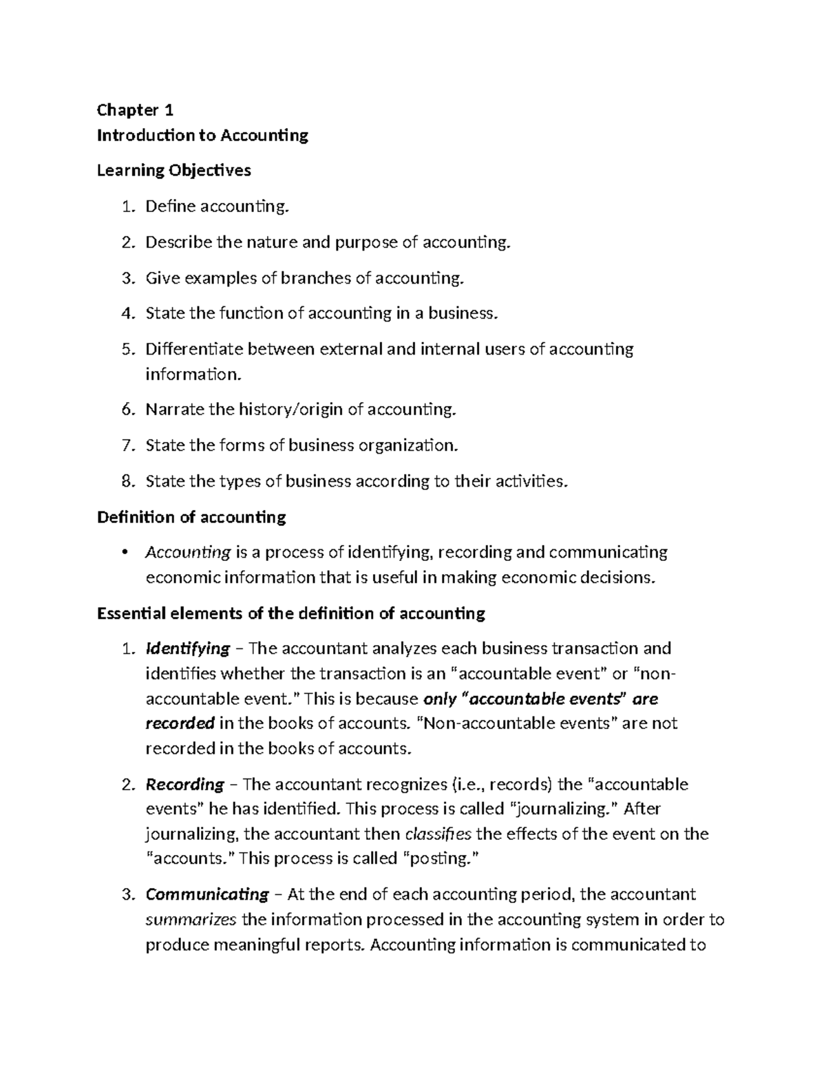 Fundamental of accounting chapter 1 - Chapter 1 Introduction to Accounting Learning Objectives 1 ...