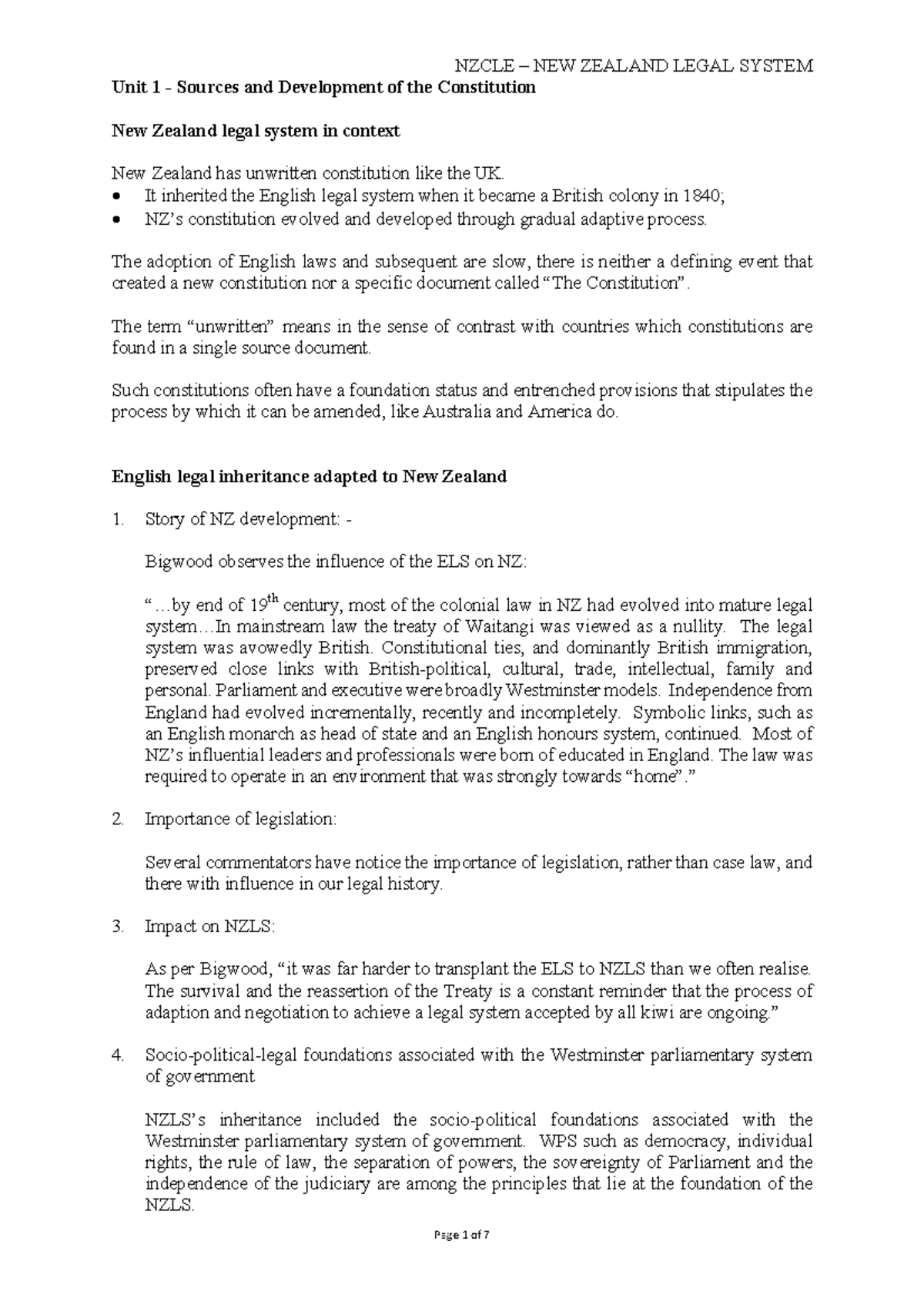 Nzlpe notes - Unit 1 - Sources and Development of the Constitution ...