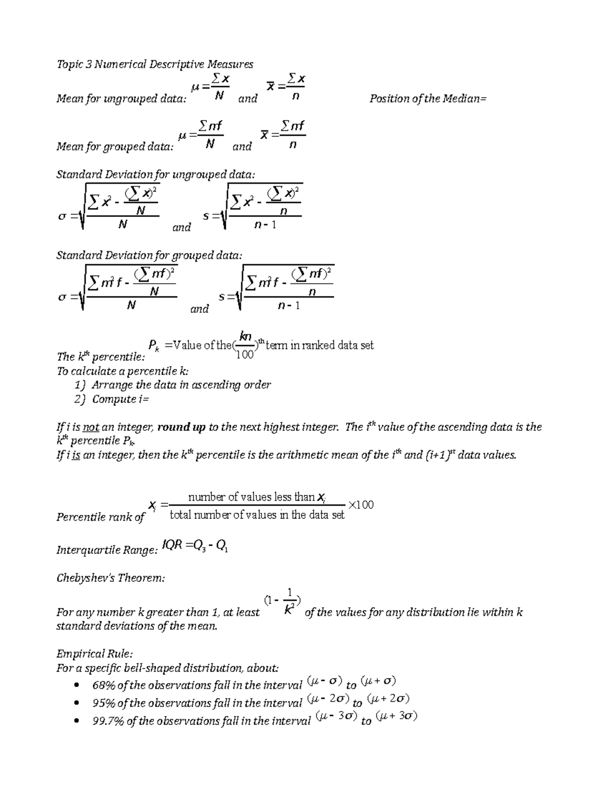 Stats Formulas - Topic 3 Numerical Descriptive Measures Mean for ...