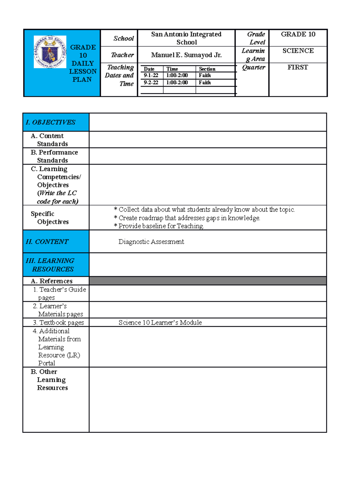 LP 9-1-22 DT - lesson plan - GRADE 10 DAILY LESSON PLAN School San ...