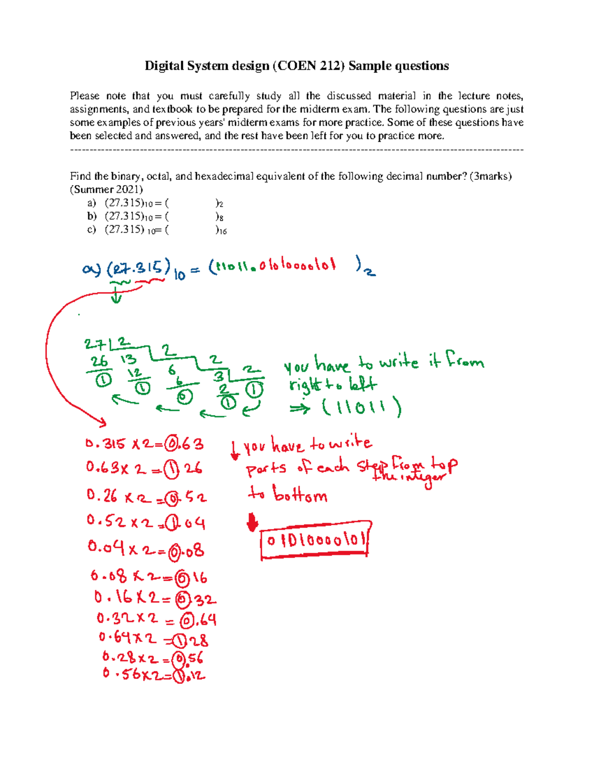 Sample Problems - Digital System design (COEN 212) Sample questions ...