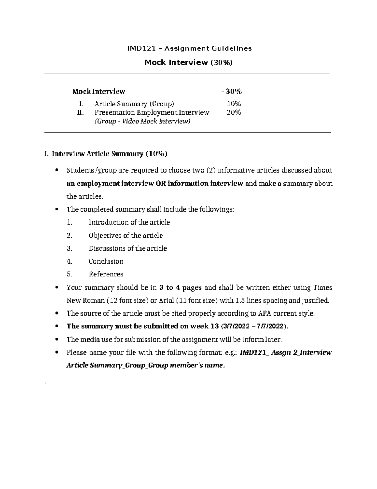 Oct2022 IMD 121 - Guideline for Mock Interview ODL Edited - IMD121 – Assignment Guidelines Mock ...