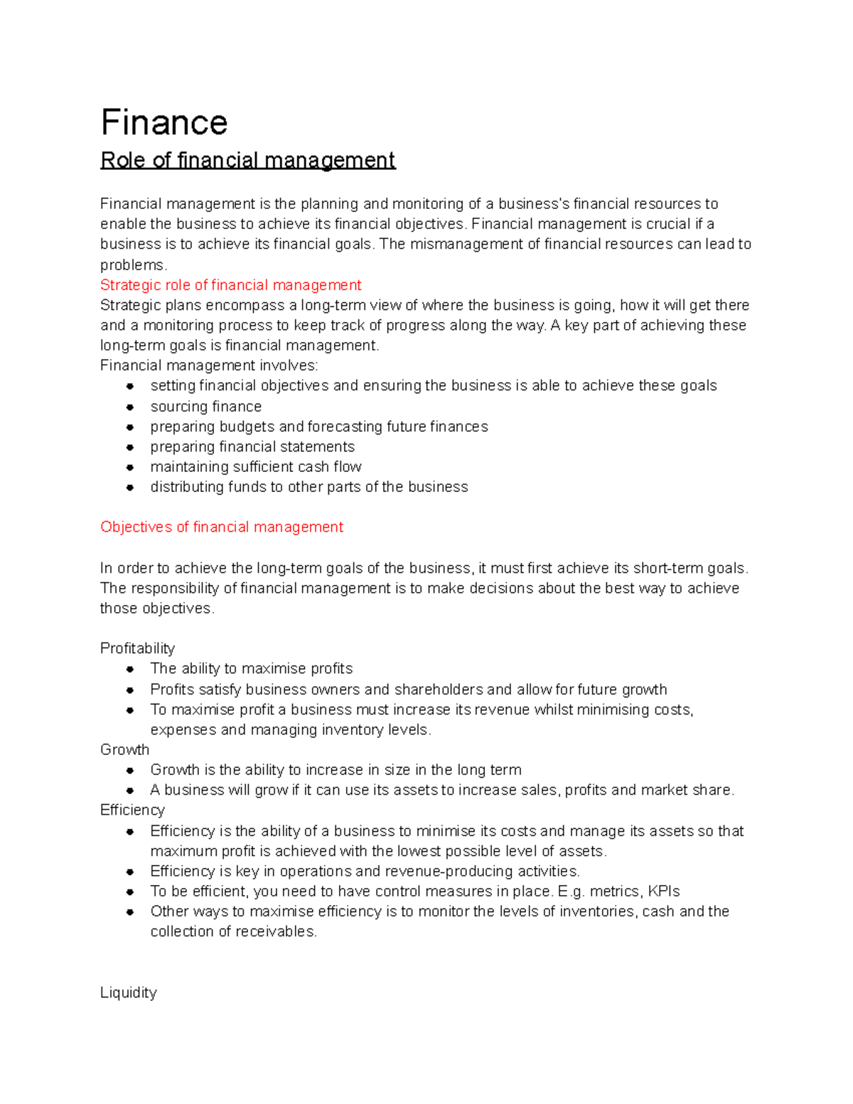 Business studies - HSC - Finance - Finance Role of financial management ...