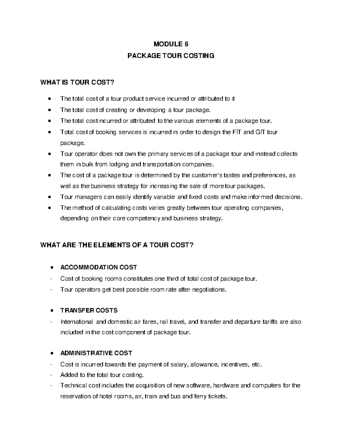 Module 6 - Package Tour Costing Lecture Notes - MODULE 6 PACKAGE TOUR ...