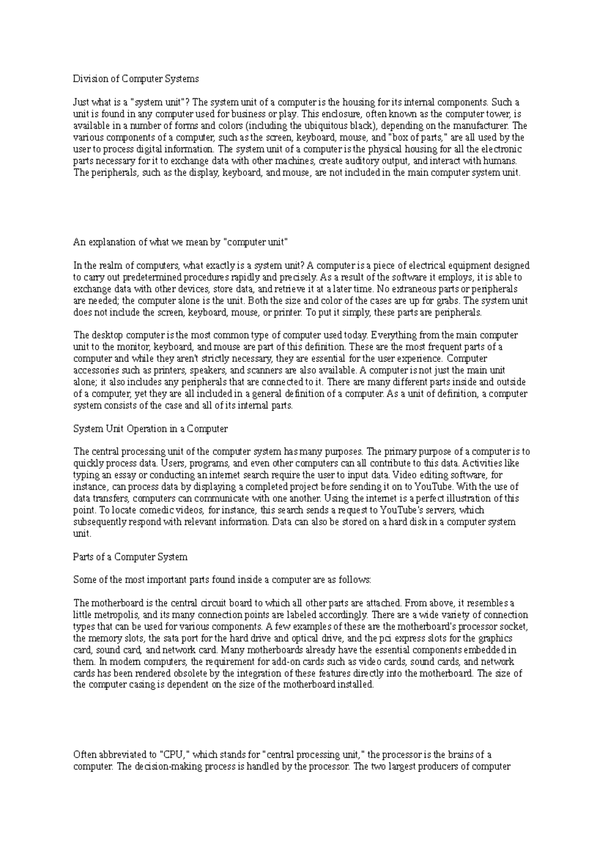 Computer System Unit - Division of Computer Systems Just what is a ...