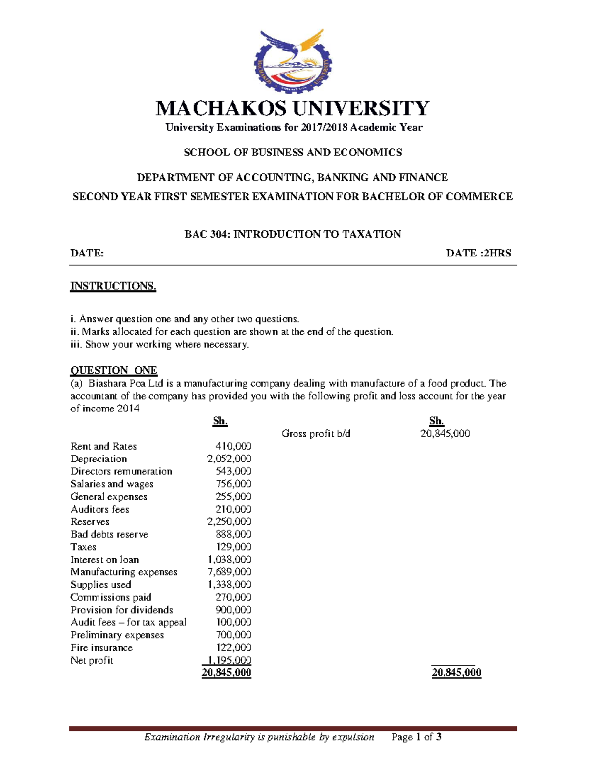 BAC 304 Taxation - FTYUU - Examination Irregularity is punishable by ...