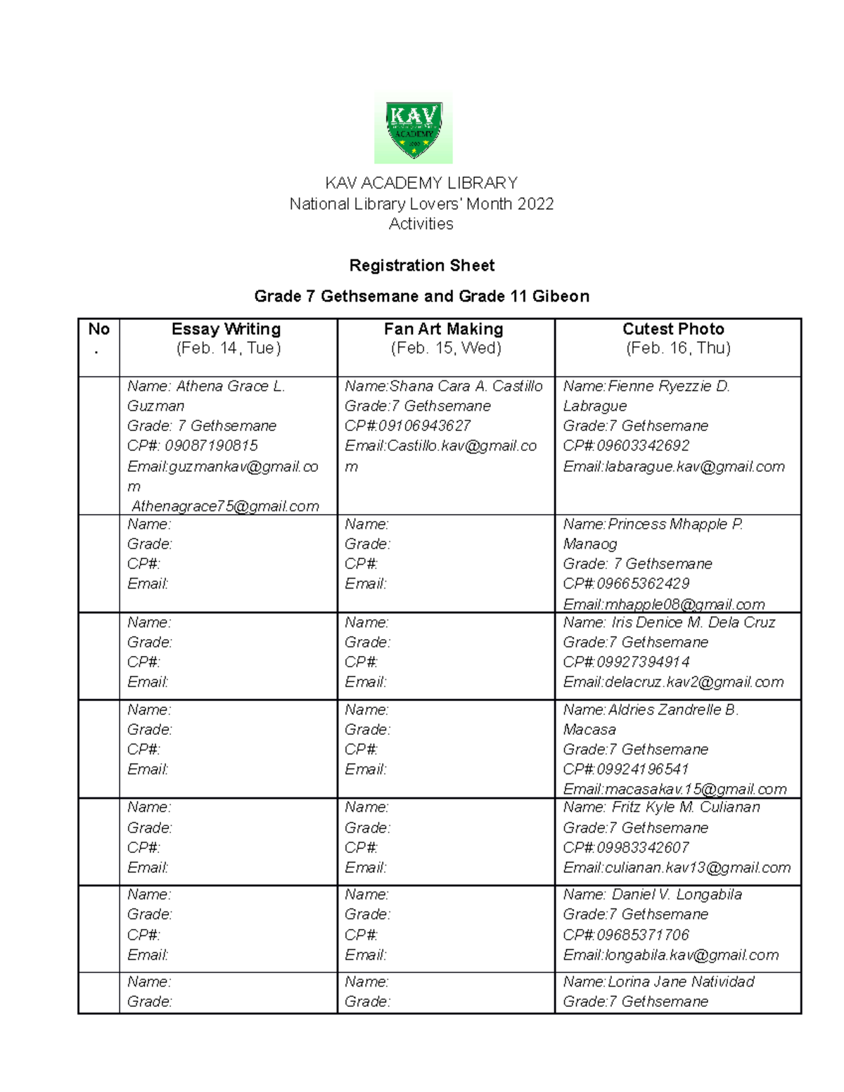 Grade 7 and 11 Registration Sheet - KAV ACADEMY LIBRARY National ...