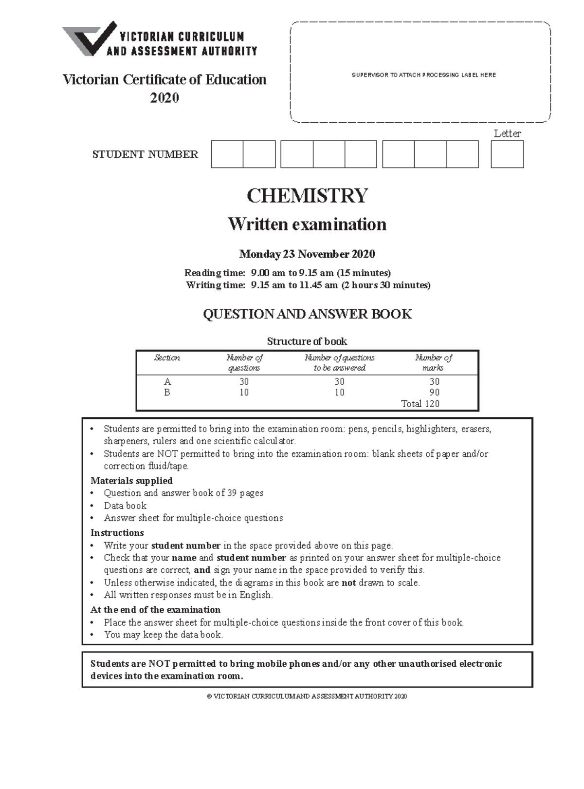 Chemistry 2020 exam - chem exams - CHEMISTRY Written examination Monday ...