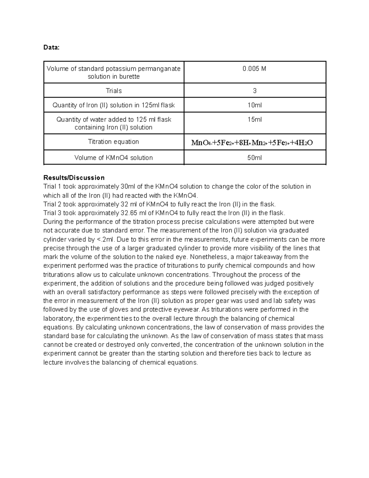 Lab 8 Post Lab - N/A - Data: Volume of standard potassium permanganate ...