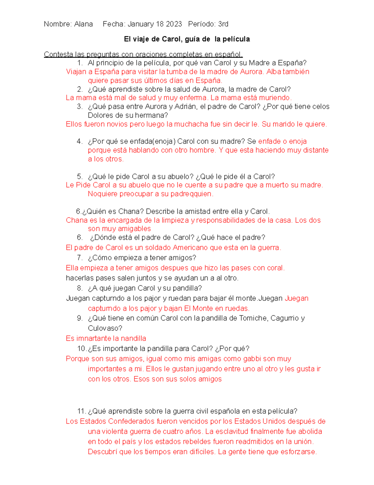 Copy of Alana C. Wales - El viaje de Carol, preguntas guías on 2023-01 ...