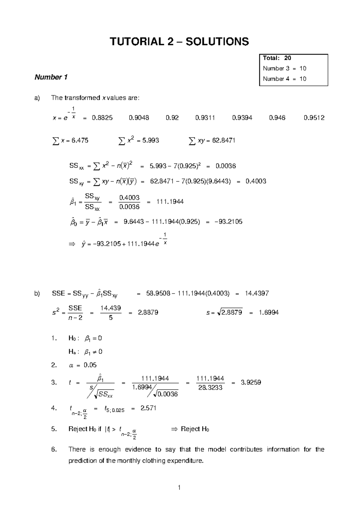 Tut2solution Memo For Tutorial 2 Tutorial 2 − Solutions Number 1 A The Transformed X Values