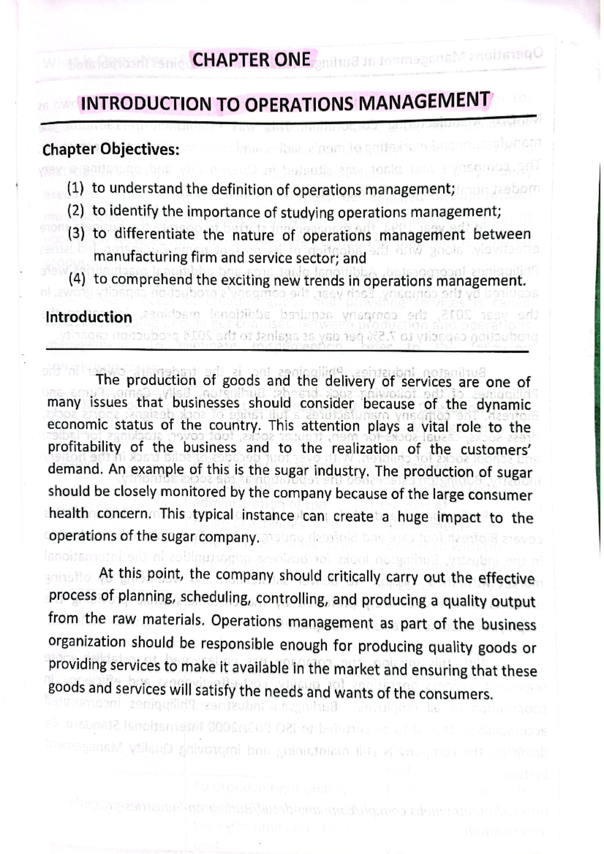 Chapter-1-OM - Noted - CHAPTER ONE INTRODUCTION TO OPERATIONS MANAGEMENT Chapter Objectives: (1 ...