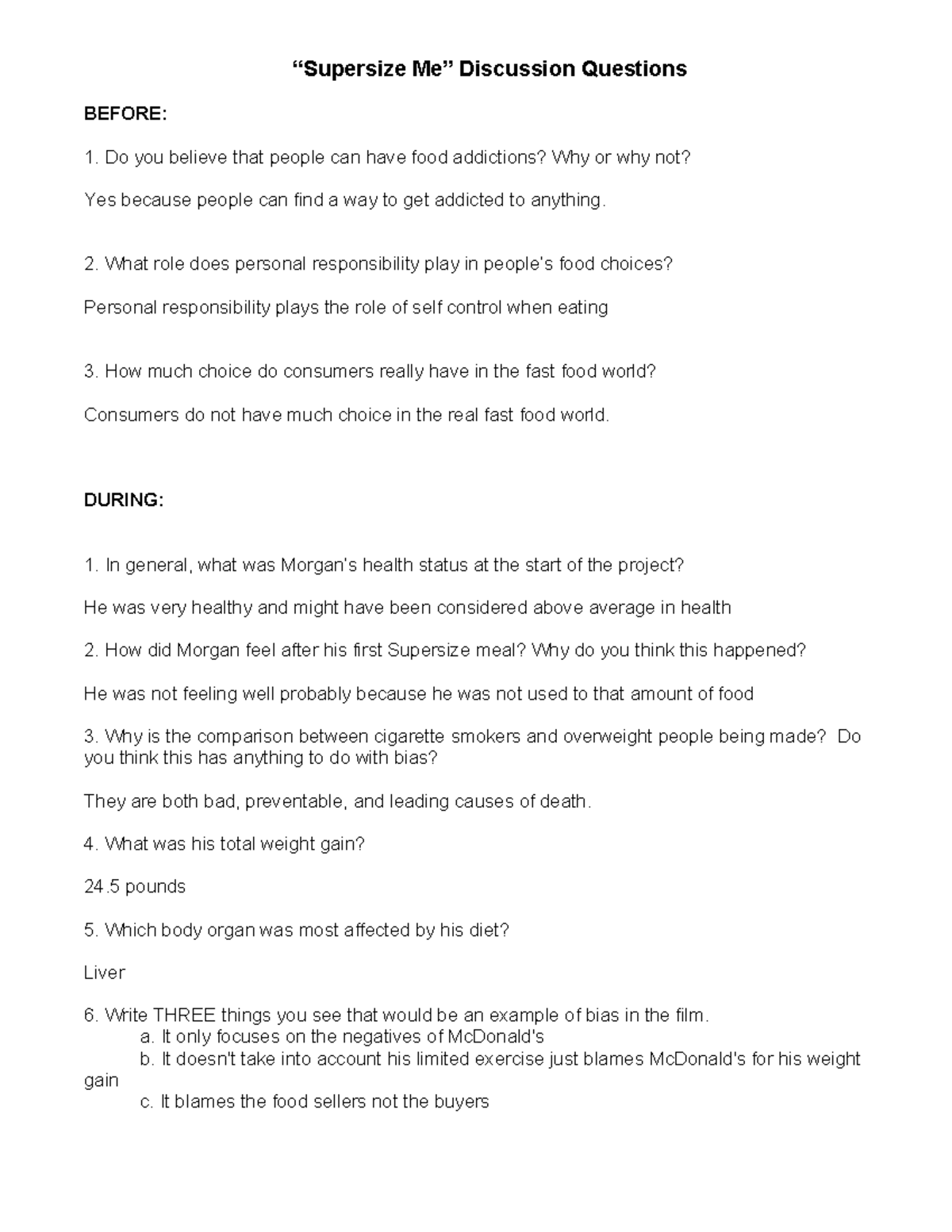 Supersize me Questions-1 - “Supersize Me” Discussion Questions BEFORE ...