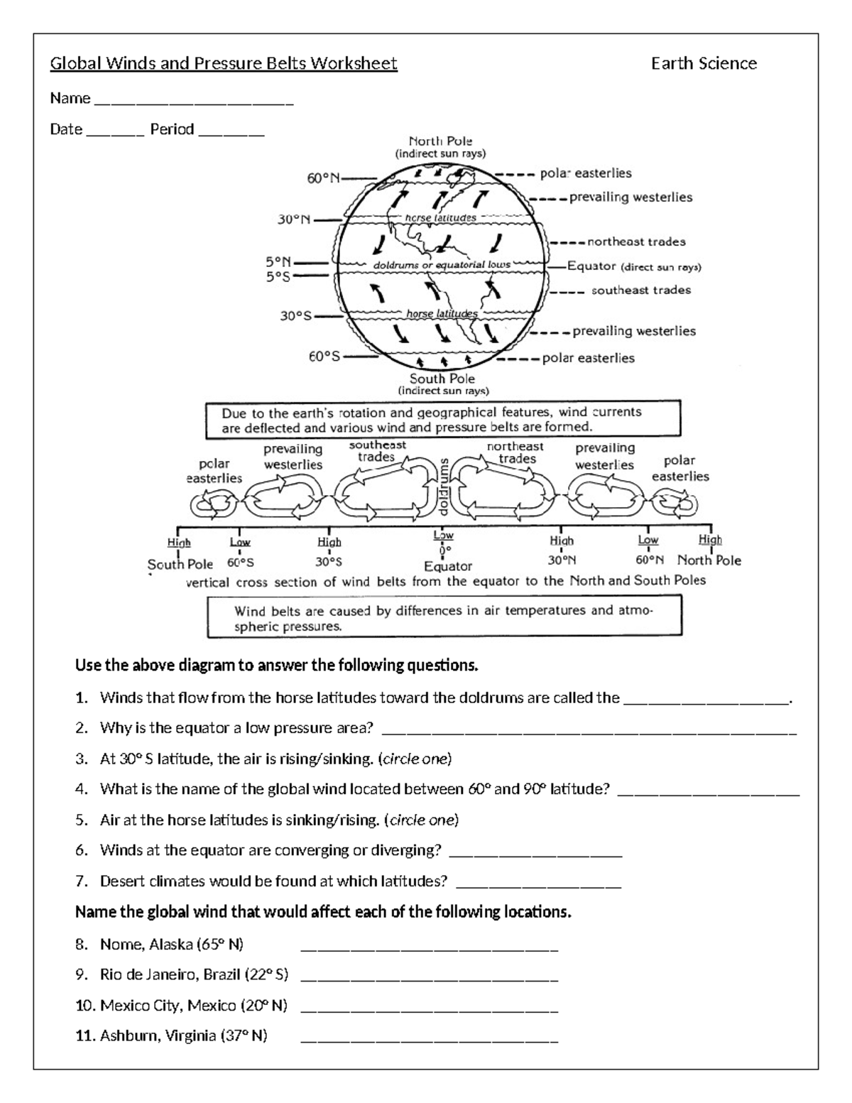 Worksheet Global Winds and Pressure Belts - Global Winds and Pressure ...