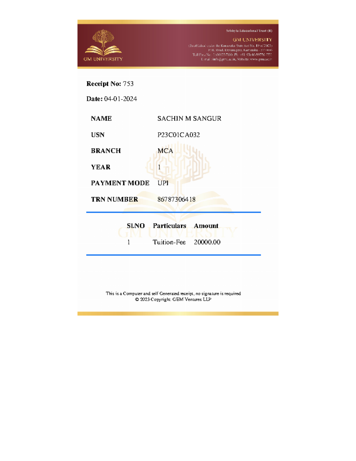 GMU- Receipt - Computer Science SL - Receipt No: 753 Date: 04-01- NAME ...