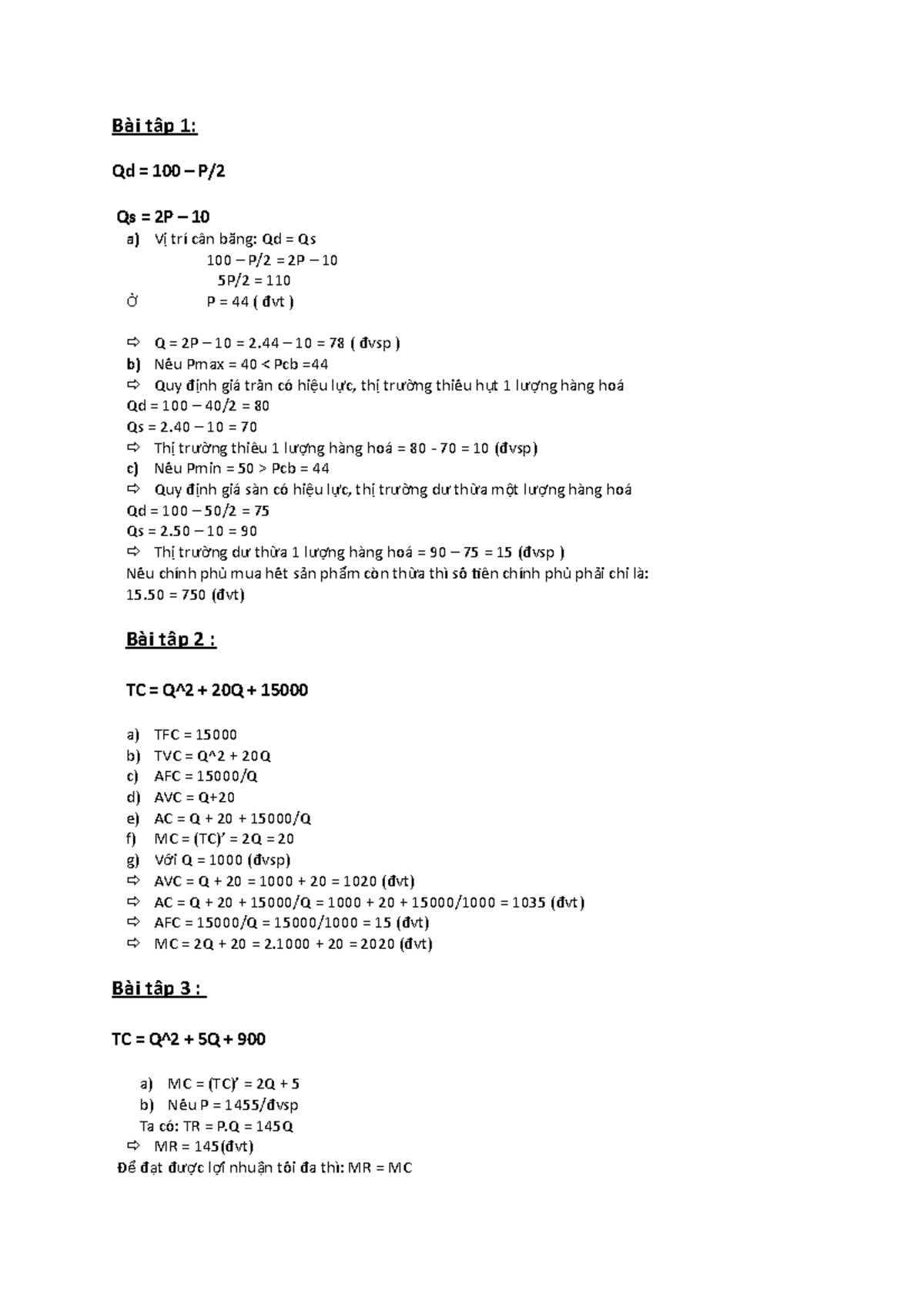 Tài liệu - OK BABY - Bài t p 1:ậ Qd = 100 – P/ Qs = 2P – 10 a) V trí cân bằằng: Qd = Qsị 100 – P ...