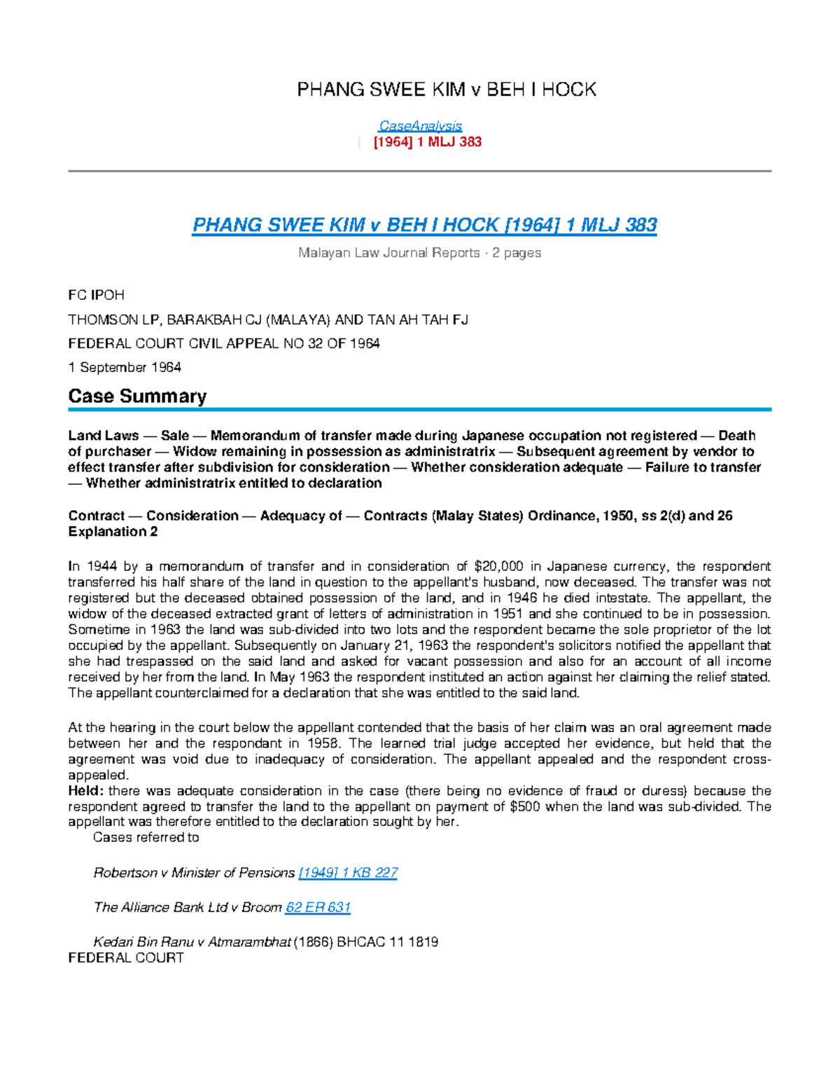 Phang SWEE KIM v BEH I HOCK, [1964] 1 MLJ 383 - PHANG SWEE KIM v BEH I ...