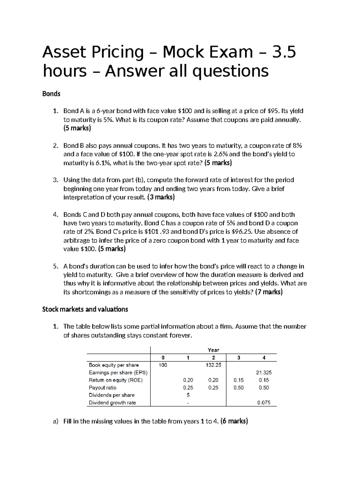 Asset Pricing Mock Exam - Asset Pricing – Mock Exam – 3. hours – Answer ...