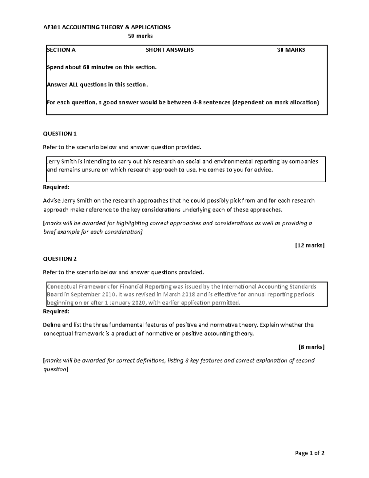 EXAM 1-2 - exam - AF301 ACCOUNTING THEORY & APPLICATIONS 50 marks ...