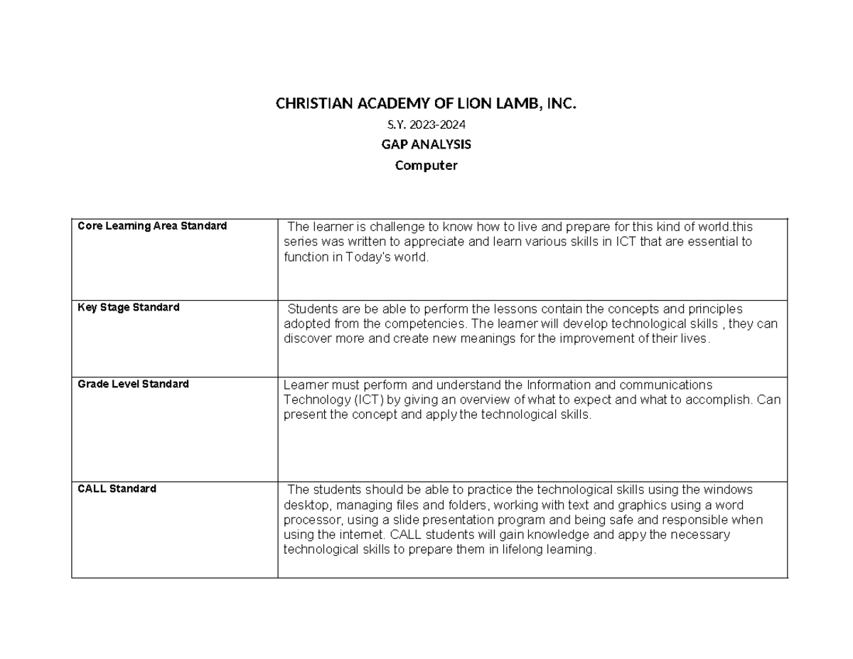 Grade 3 Computer GAP Analysis - CHRISTIAN ACADEMY OF LION LAMB, INC. S ...