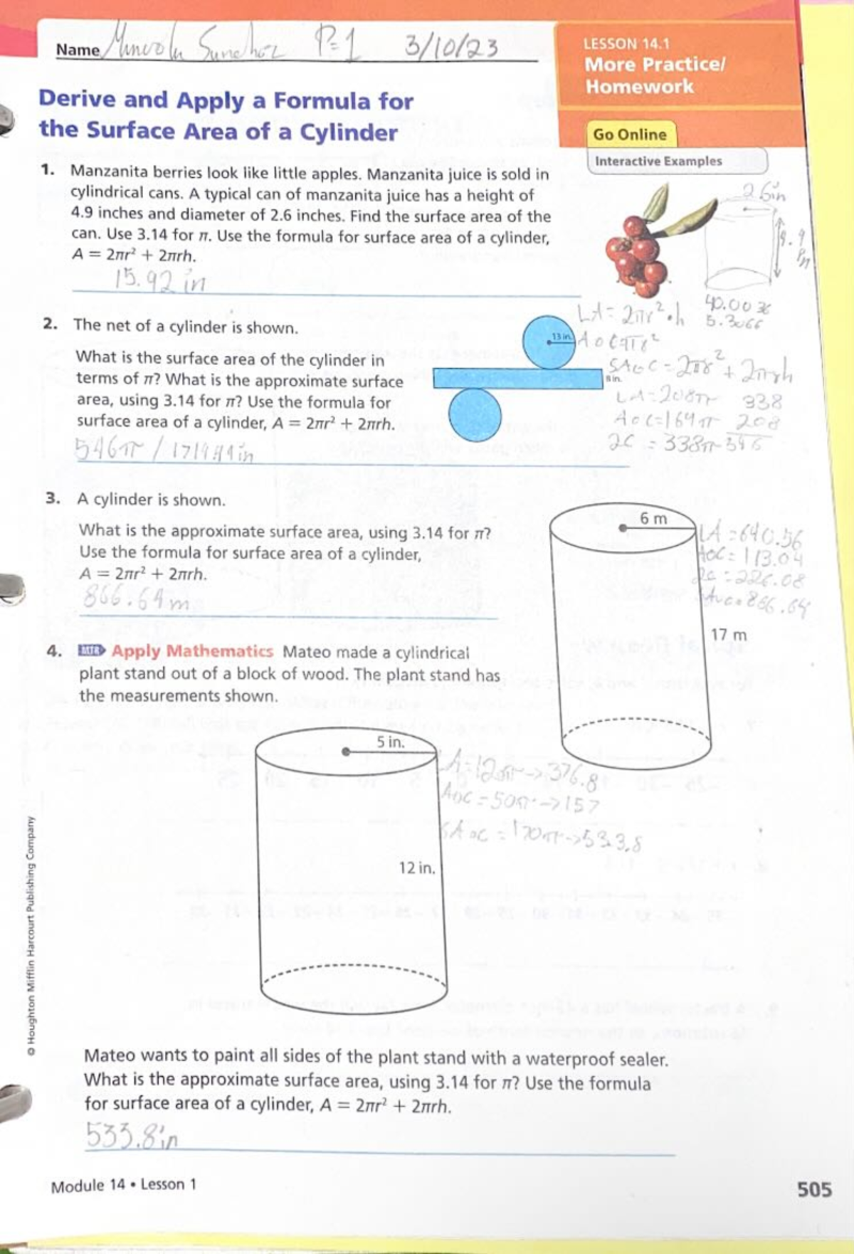 Topic 7 Module 14 Lesson 1 Surface Area of a Cylinder and Lesson 2 ...