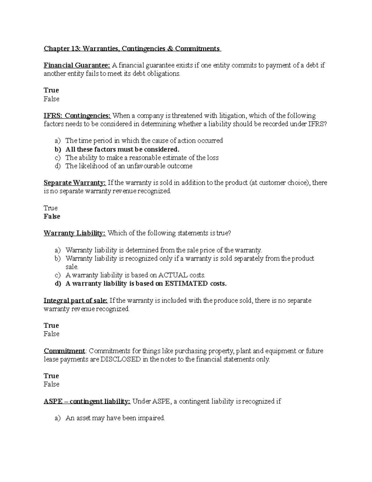 ACCT 3201 Term Exam Questions - Chapter 13: Warranties, Contingencies ...