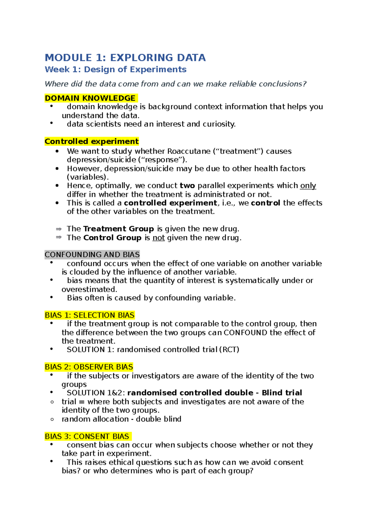 MATH1005 Study Notes - MODULE 1: EXPLORING DATA Week 1: Design of ...