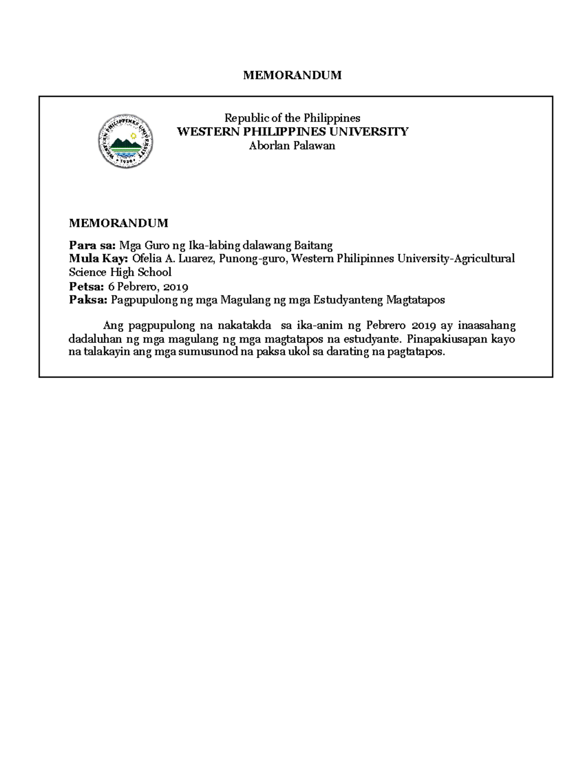 Memorandum - School memo - MEMORANDUM Republic of the Philippines ...