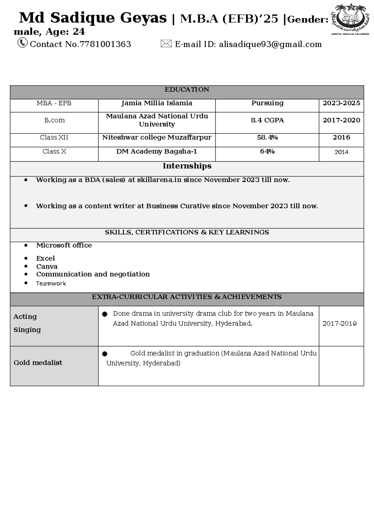 Cv sadique - Md Sadique Geyas | M.B (EFB)’2 5 |Gender: male, Age: 24 Contact No E-mail ID: - Studocu