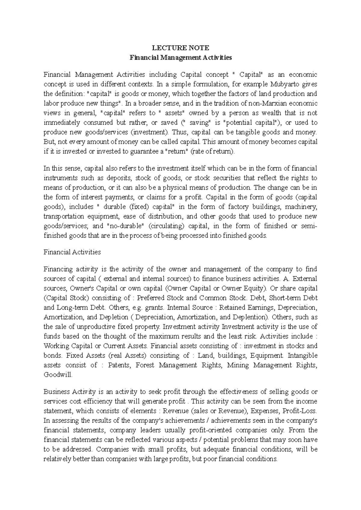 Accounting Management Financial Management Activities - LECTURE NOTE ...