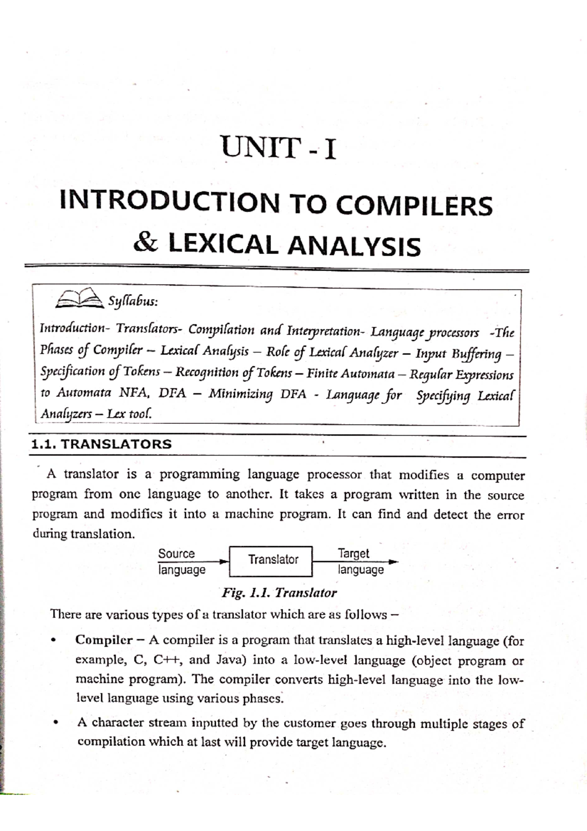Compiler Design unit1 - Unit 1 notes - UNIT I INTRODUCTION TO COMPILERS ...