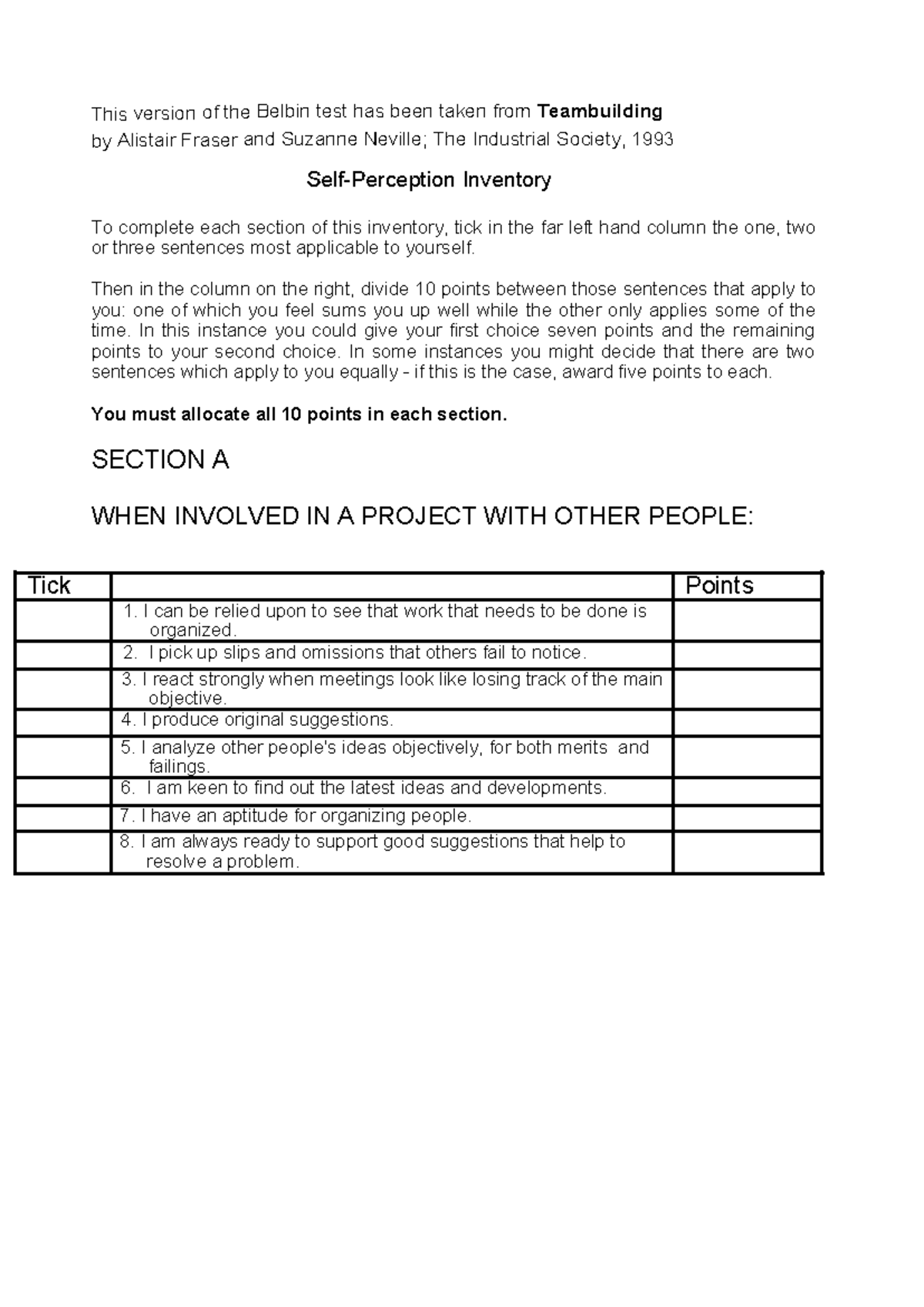 Belbin-Test canvas sheet - This version of the Belbin test has been ...